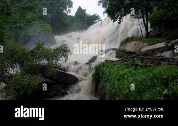 A strong current near a waterfall. Floods flowing in mountain rivers ...