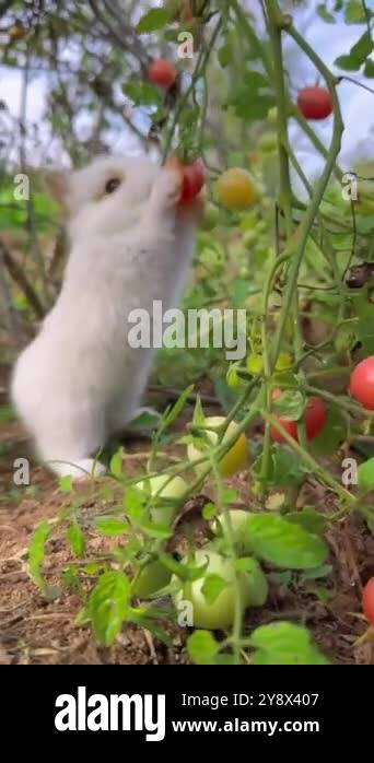 This video shows a small, white rabbit reaching up and eating a cherry ...