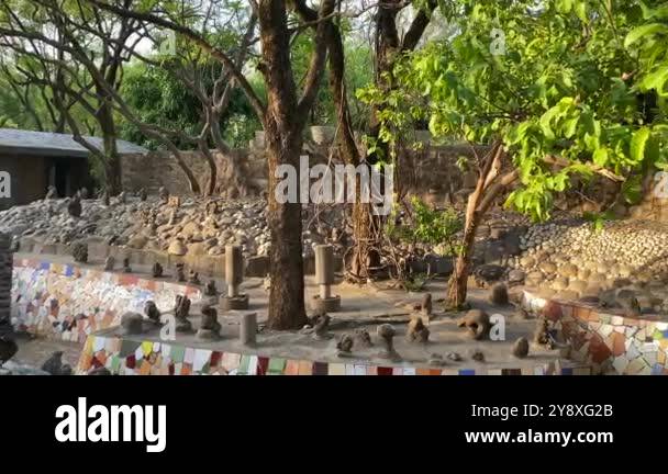 Chandigarh, India 24 june 2022.Traditional pavilions and water cascade ...