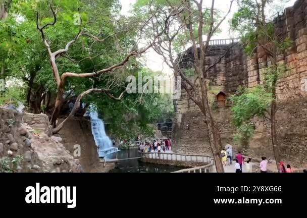 Chandigarh, India 24 june 2022.Traditional pavilions and water cascade ...