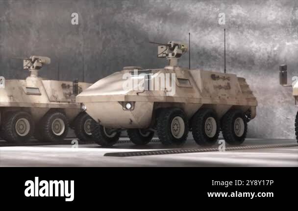3d render of an armored military vehicle in an industrial garage, side ...