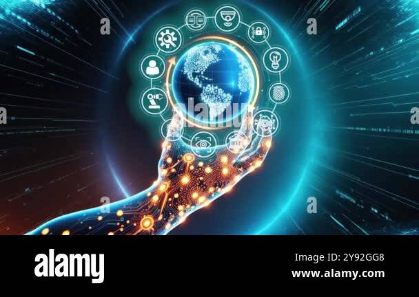 Artificial Intelligence AI technology on robot hand. Robot AI innovative chatbot. Command prompt ...