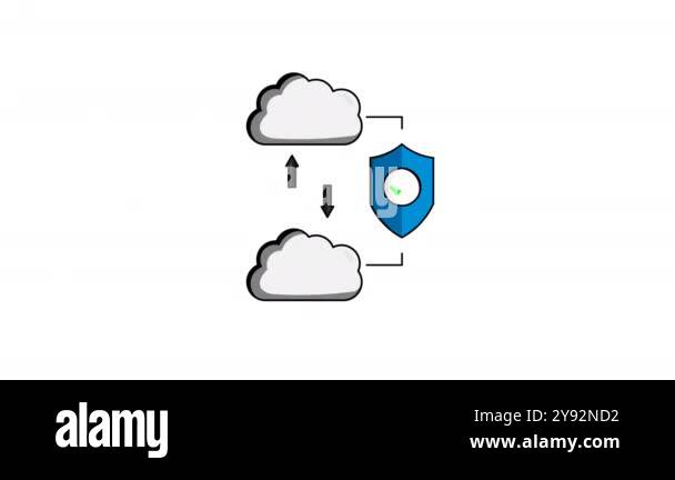 Animated of Two clouds connected by shield with green checkmark suitable for cybersecurity and ...
