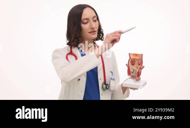 Woman doctor uses miniature model of rectum to explain anatomy on white ...