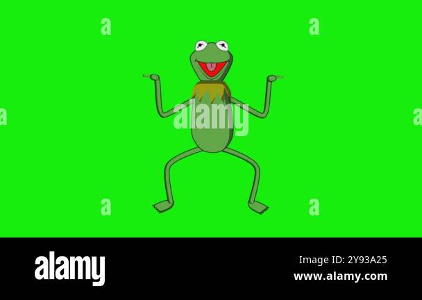 2d animated character of The green frog is standing dancing and ...