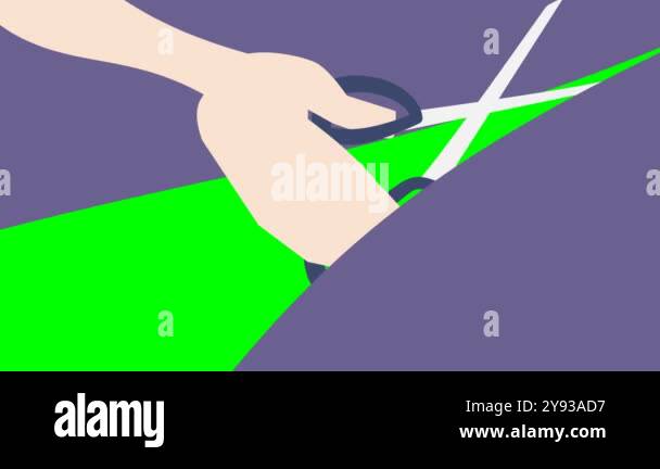 2d animated character of A hand that has scissors and cuts a page or ...