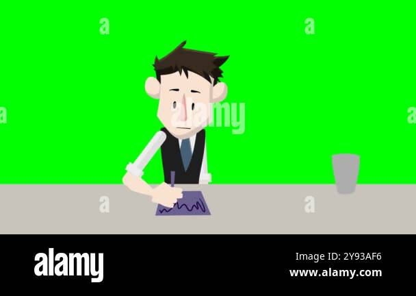 2d animated character of Vector cartoon man sitting at a desk doing ...