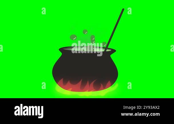 2d animated character of A large pot of food is cooking a liquid with ...