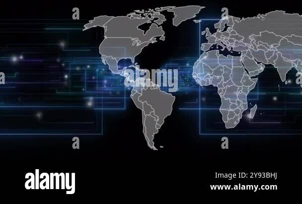 Animation of digital data processing with world map over black background. Global artificial ...