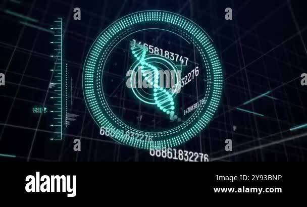 Animation of scope scanning with dna strand over diagrams and data processing. Technology ...