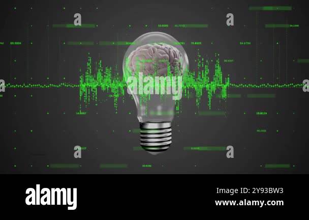 Animation of data processing and diagrams over brain in lightbulb ...