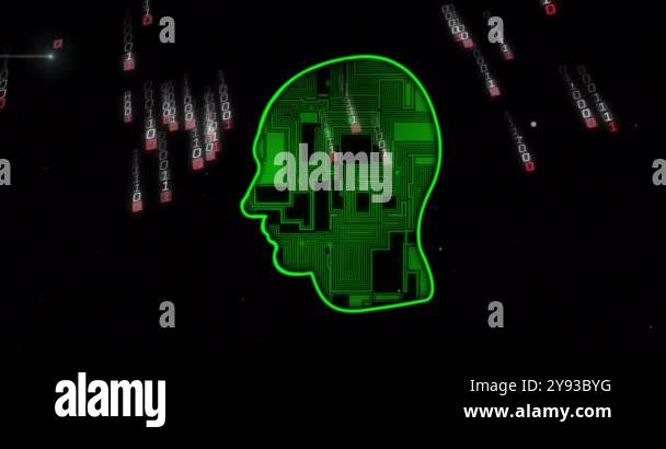Animation of binary coding with circit board head over black background. Global artificial ...