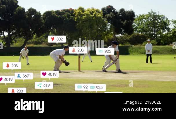 Animation of social media icons with growing numbers over diverse male ...