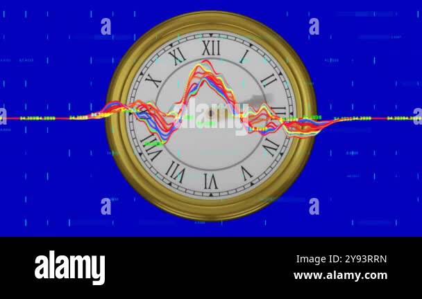Animation of data processing and diagrams over clock. Technology, time ...