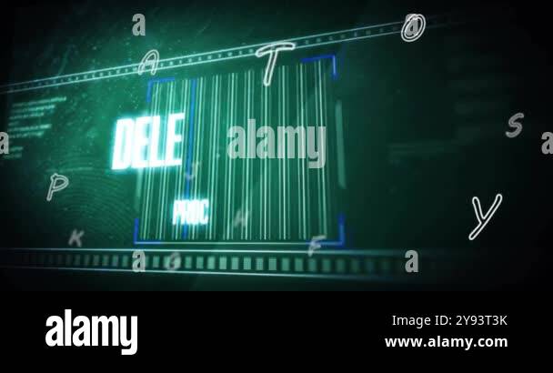 Animation of deleting files text and digital data processing over green background. Global cyber ...