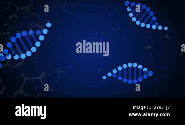 DNA strand and molecular structure animation on dark blue background. Genetics, biology ...