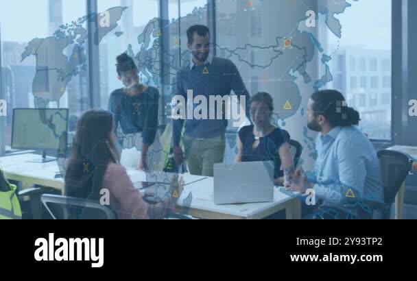 Global data analytics animation over diverse business team collaborating in office. teamwork ...