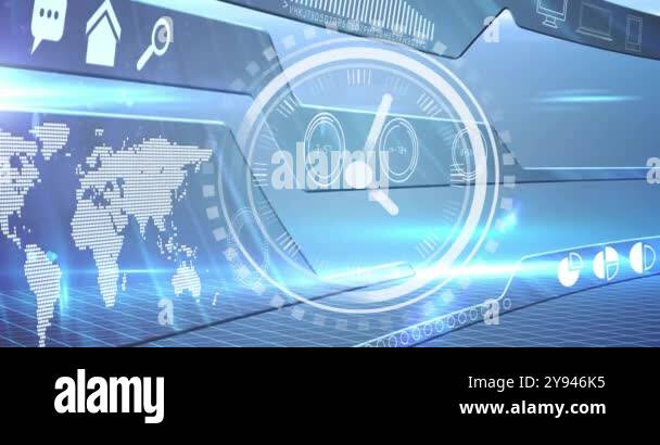 Animation of moving clock over digital interface with data processing and world map. Global ...