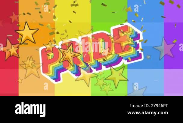 Animation of pride lgbtq text and confetti falling over rainbow ...
