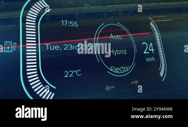 Digital dashboard animation over highway background showing speed, date ...