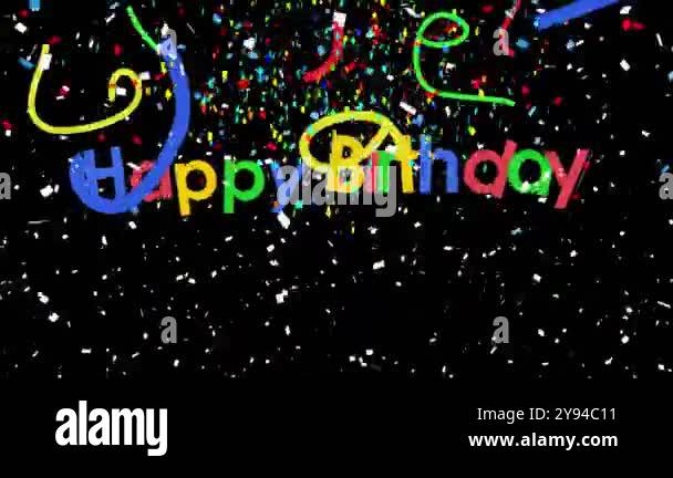 Happy Birthday text animation with colorful confetti falling on black ...