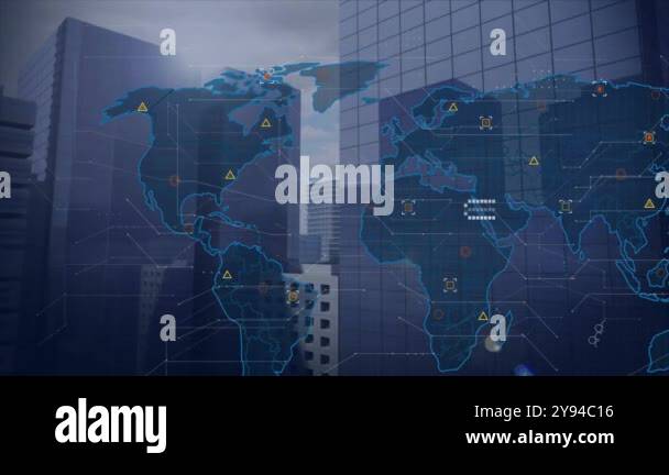 Animated world map with data points and network connections over ...