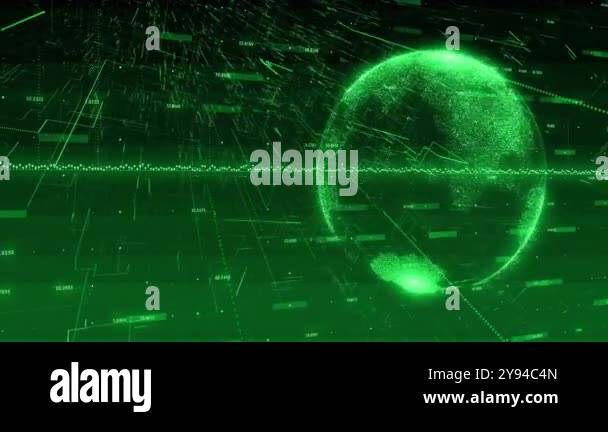 Digital globe and data visualization animation over green technological ...
