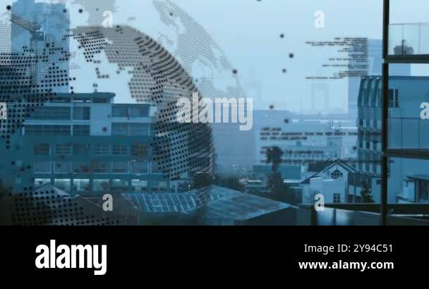 World map and coding animation over cityscape with buildings and cranes ...