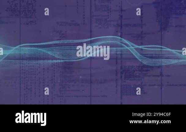 Flowing data waves animating over technical blueprints and schematics ...