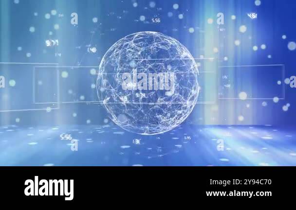 Digital globe and data points animation over blue background with light ...