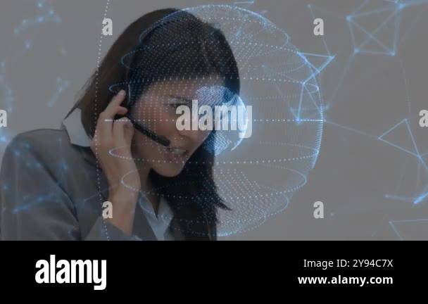 Talking on headset, woman with holographic globe and data animation ...