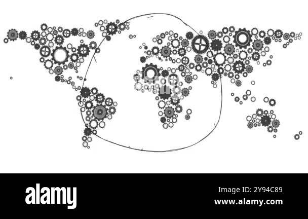 Animating gears and cogs over hand-drawn world map, illustrating global ...