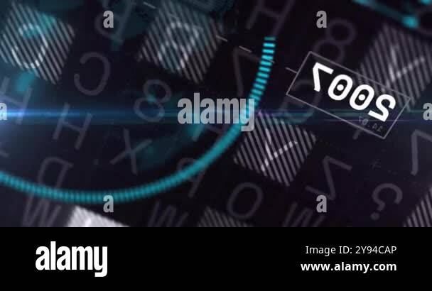 Rotating numbers and letters, digital world map with futuristic data processing animation ...