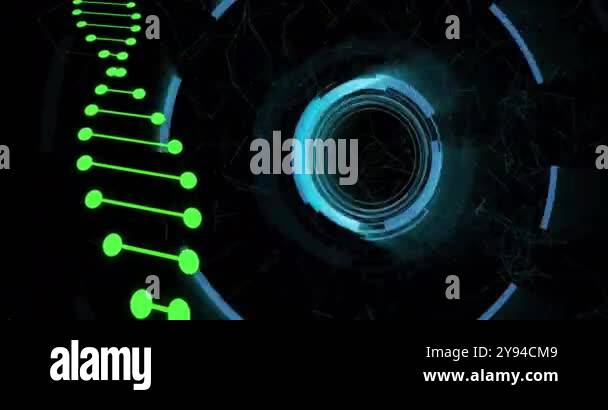 Animation of dna strand over data processing and scope scanning on black background. Global ...