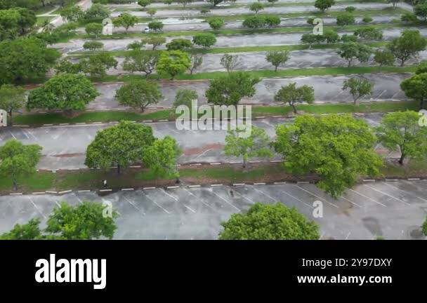 Areal view of parking lot design features white markings on asphalt ...