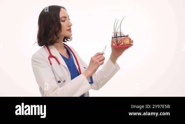 Female doctor presents anatomical model of human skin layers and hair ...