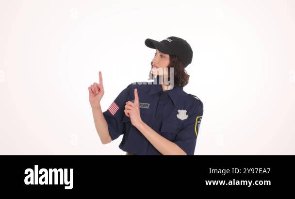 Young female police officer points in different directions on white ...