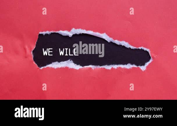 We will miss you message writing on ripped torn red paper on black background. Conceptual we ...