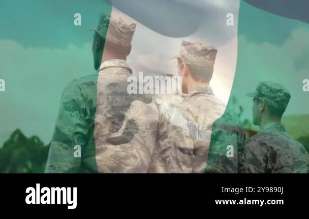 Animation of flag of nigeria over diverse soldiers. Patriotism, armed ...