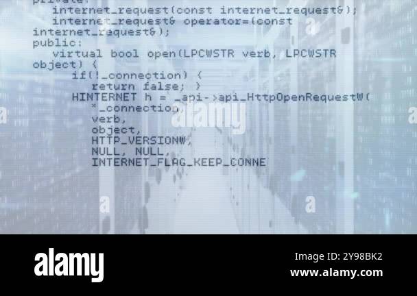 Walking in hallway, people with computer code animation overlay ...