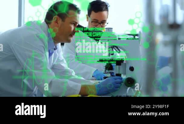 Animation of chemical formula and data processing over diverse scientists using microscope in ...
