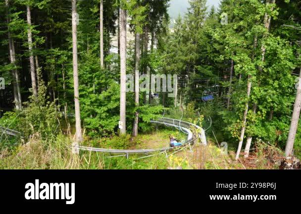 A summer toboggan run with many turns in the middle of a mountain ...