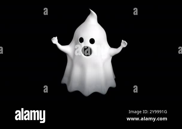 Little white cartoon ghost floating in space, waving his hands while ...
