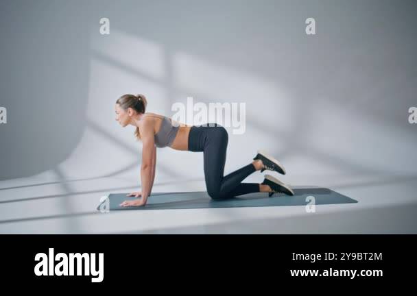 Sporty woman core workout. Slim lady exercising at home standing on ...