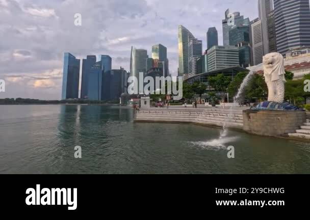 Singapore- 4 Oct 2024: Singapore Merlion statue. Merlion Fountain is ...