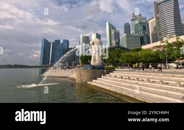 Singapore- 4 Oct 2024: Singapore Merlion statue. Merlion Fountain is ...