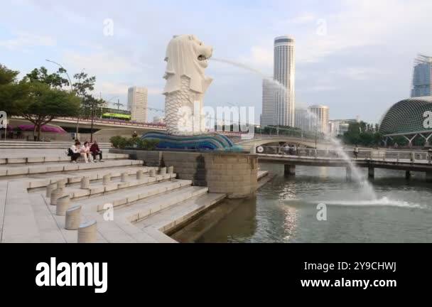 Singapore- 4 Oct 2024: Singapore Merlion statue. Merlion Fountain is ...
