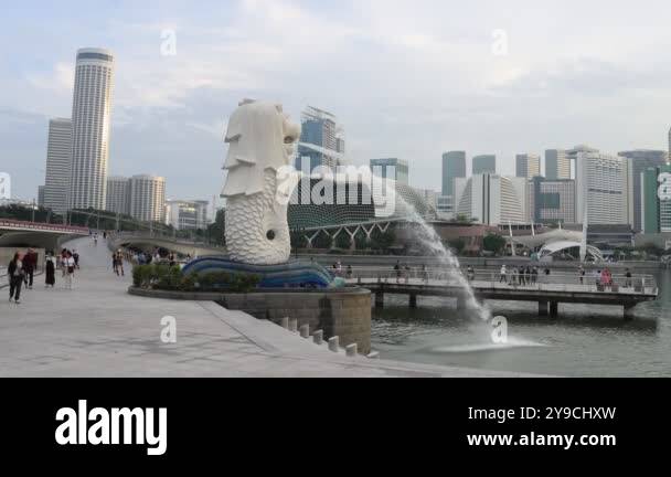 Singapore- 4 Oct 2024: Singapore Merlion statue. Merlion Fountain is ...