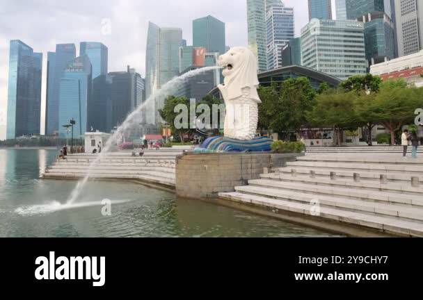 Singapore- 4 Oct 2024: Singapore Merlion statue. Merlion Fountain is ...