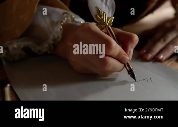 Medieval female writes with old feather pen. Antique young woman in ...